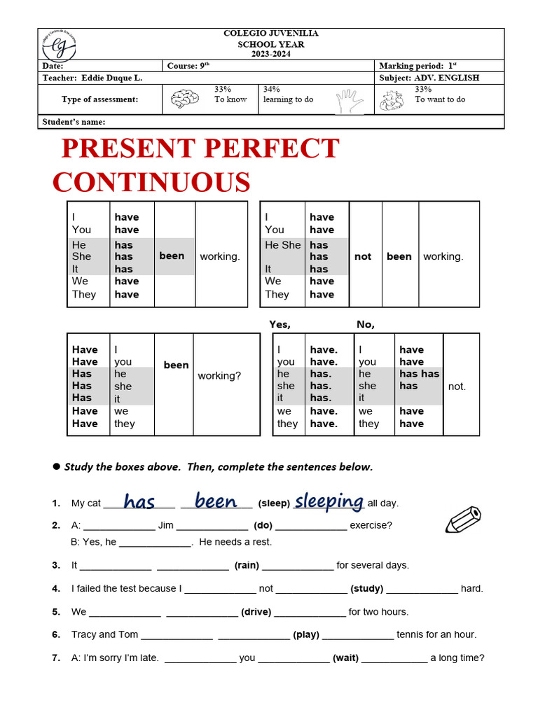 Present Perfect Progressive 9th | PDF | Language Arts & Discipline