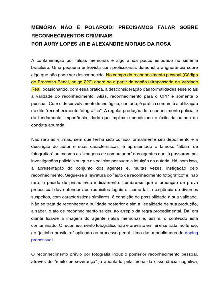 Memória Não É Polaroid. Aury Lopes Jr. e Alexandre Moraes Da Rosa | PDF | Procedimento criminal ...