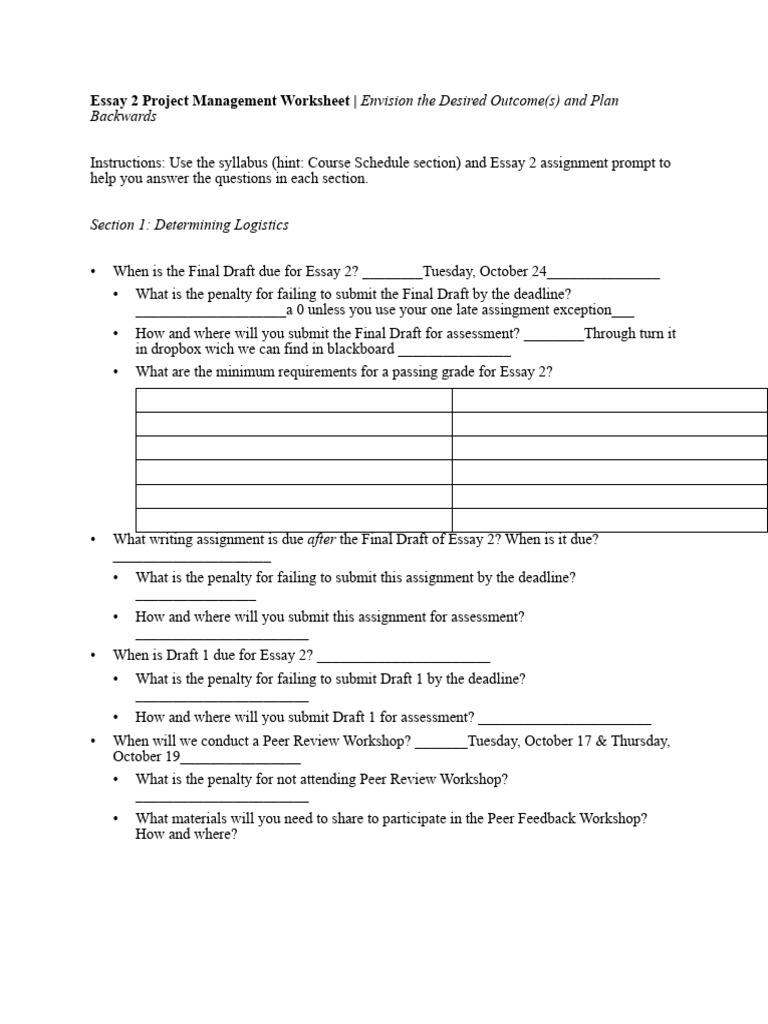 Essay 2 Project Worksheet 1301 2 | PDF | Essays | Peer Review