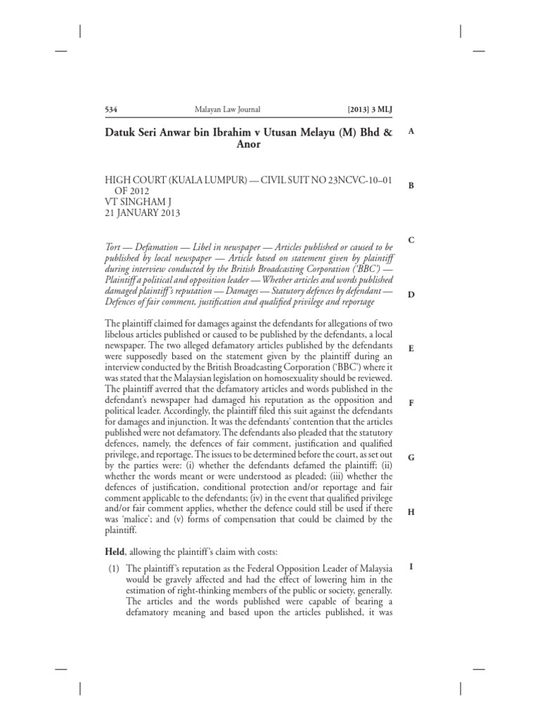 Datuk Seri Anwar Bin Ibrahim V Utusan Melayu (M) BHD & Anor | PDF | Defamation | Common Law