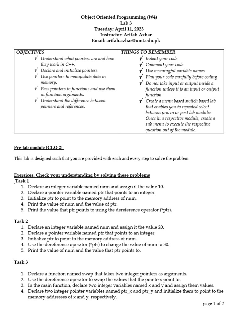 Pre Lab Tasks Pdf Pointer Computer Programming Variable 