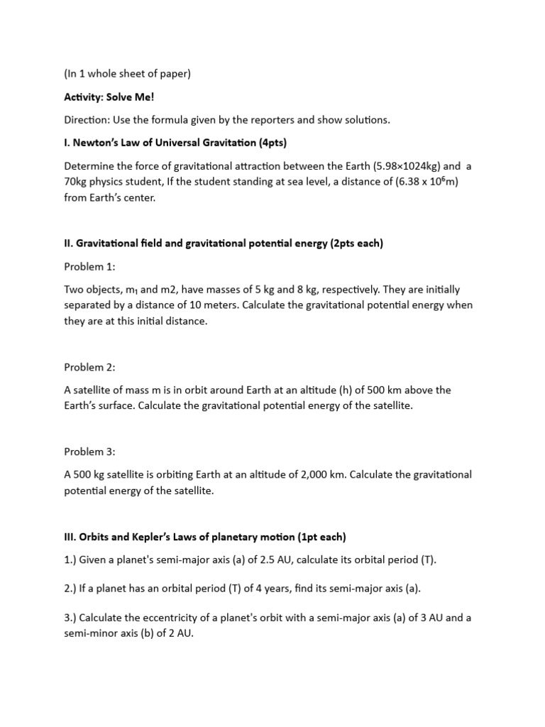 Group 2 Gravitation and Gravitational Potential Energy Activity Quiz ...