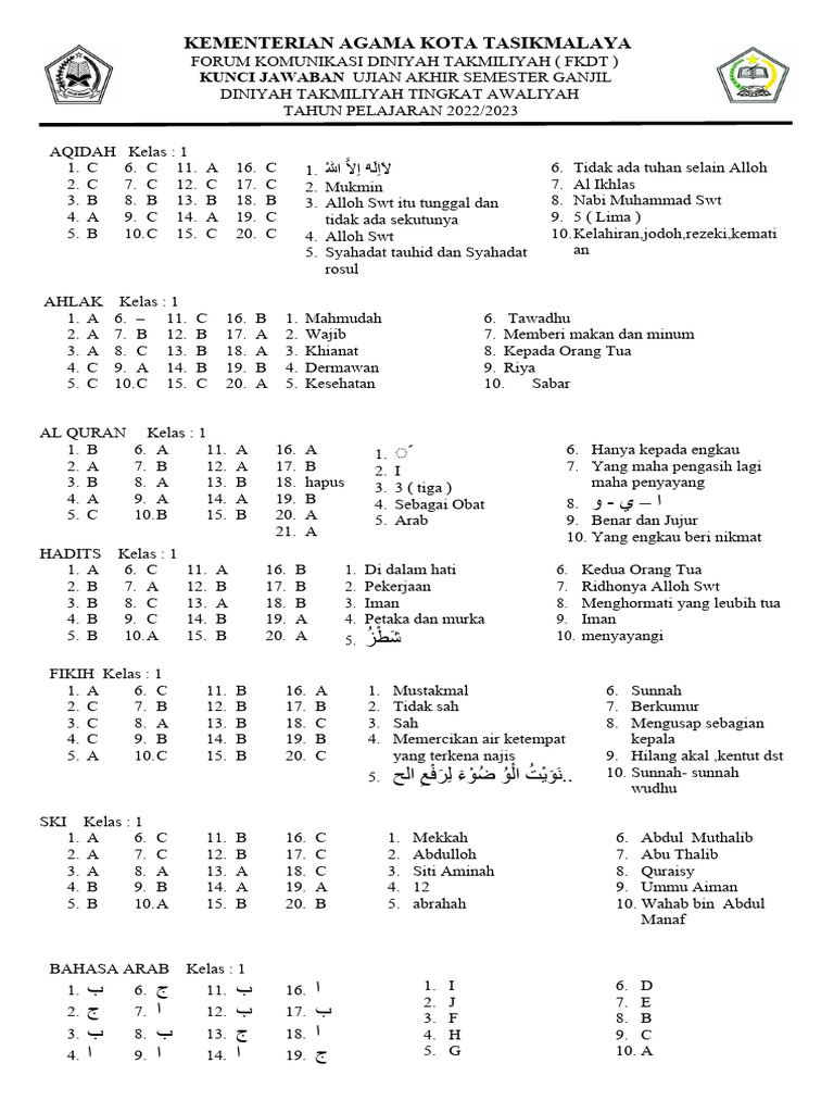 Jawaban Uas SMT I Kls 1 | PDF