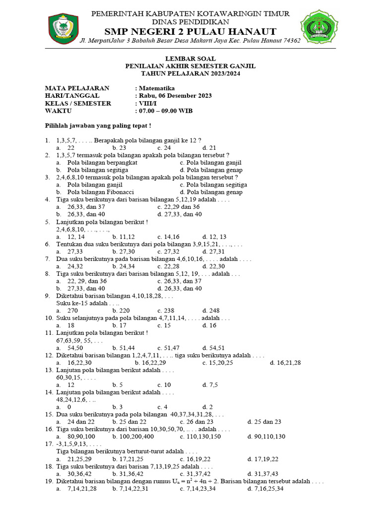 SOAL PAS MTK Kelas 8 SMT 1 2023-2024 - 031124 | PDF | Metode & Bahan Ajar