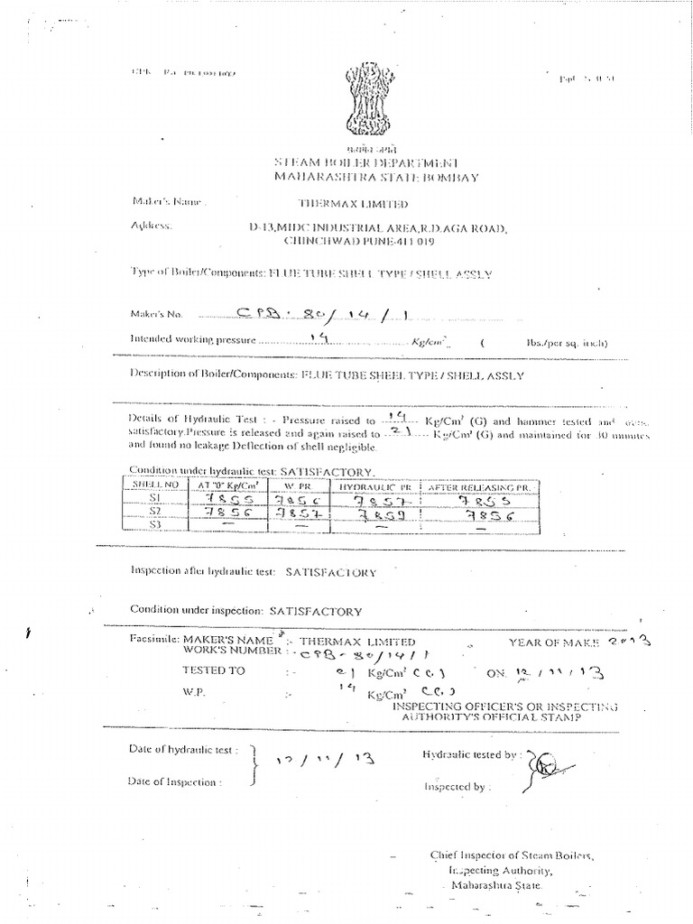 Boiler Testing Certificate | PDF