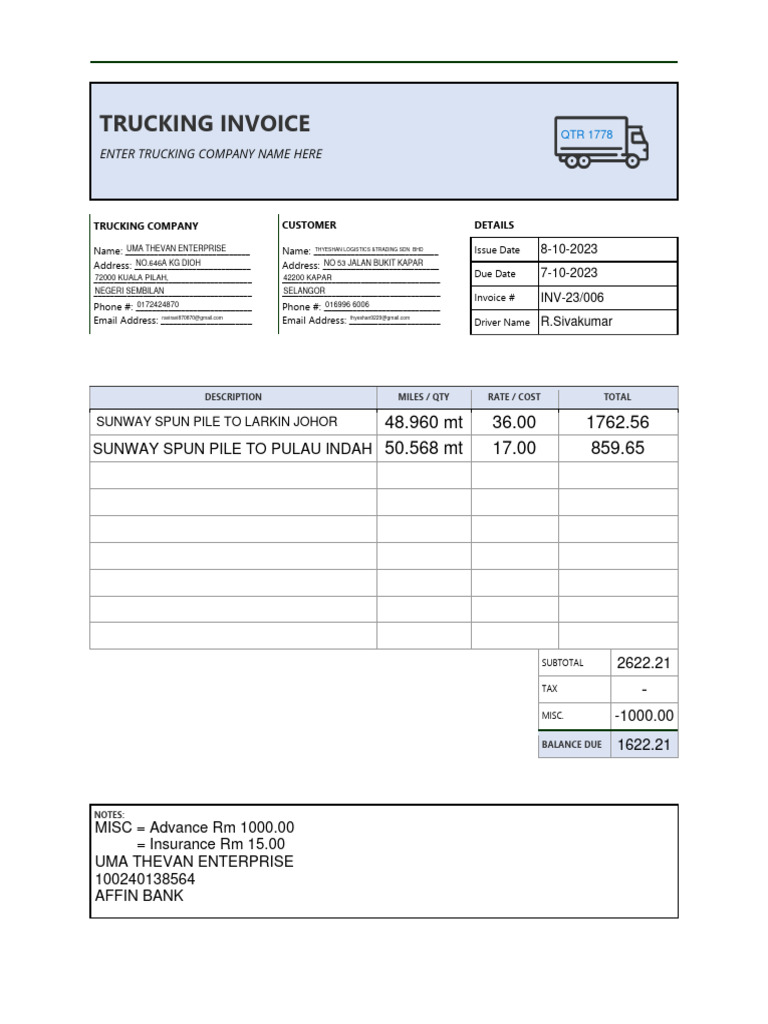 Trucking Invoice Template for Companies | PDF