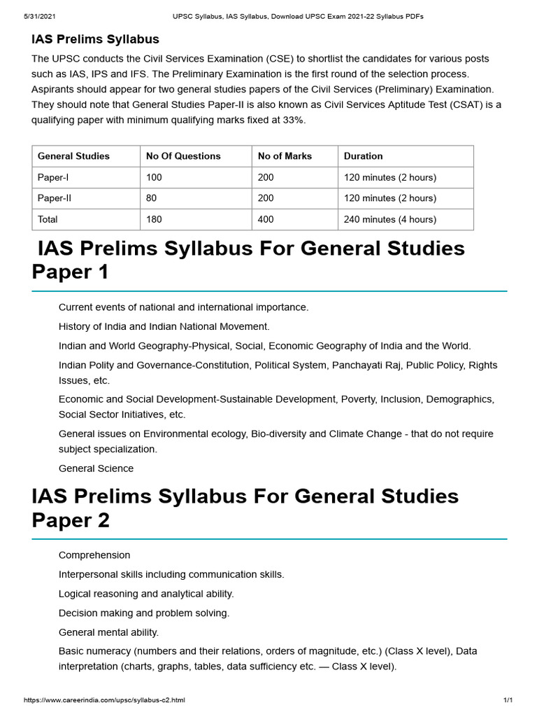 UPSC IAS Prelims Syllabus Overview | PDF