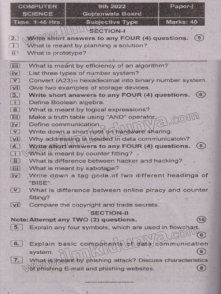 Past Paper 2022 Gujranwala Board 9th Class Computer Science Group II ...