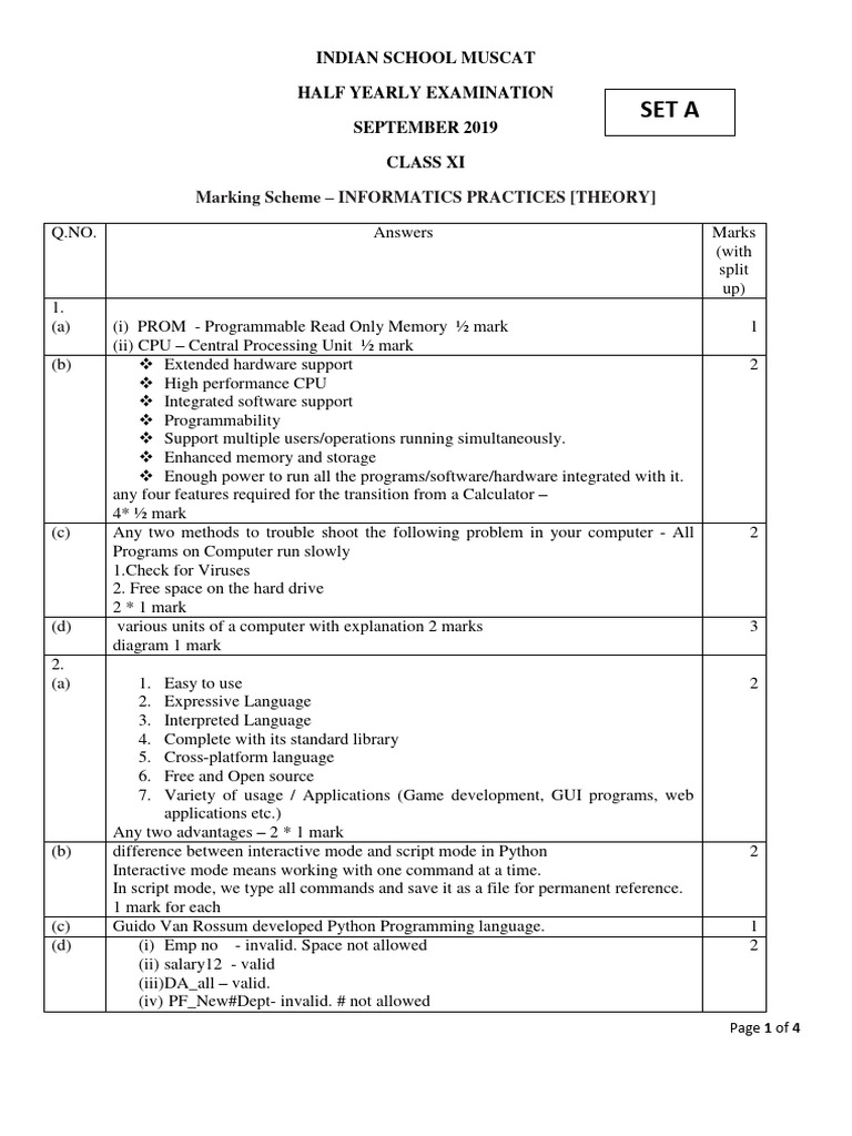 Class - Xi - Informatics Practices - Half Yearly Examination - MS - Set - A - 2019-1 | PDF ...