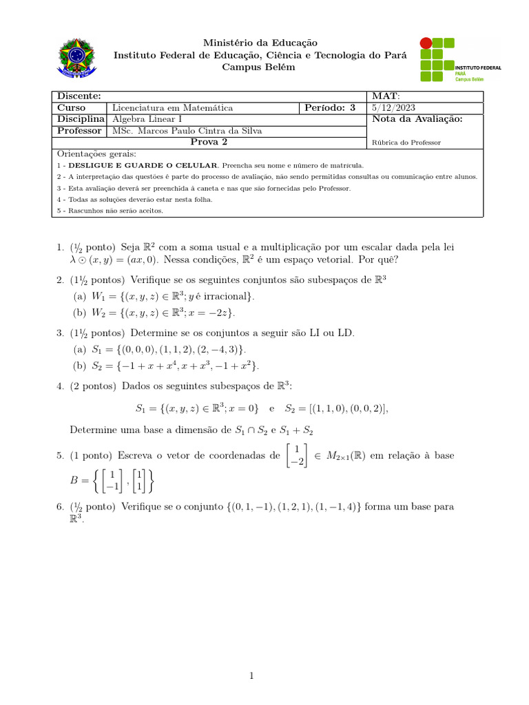 LicMat22 2 Prova 2 de Álgebra Linear I | PDF | Métodos e Materiais de Ensino