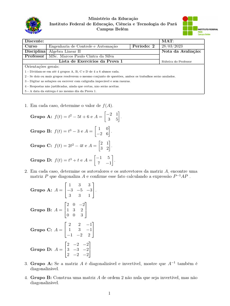 Lista de Exercícios Para Prova 1 de Álgebra Linear II | PDF | Conceitos matemáticos | Objetos ...