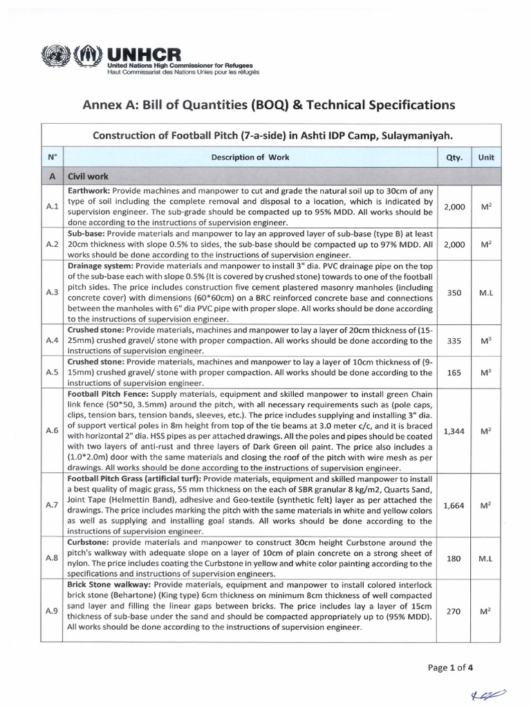 BOQ and Specifications - Alsulaymaniyah Stadium | PDF