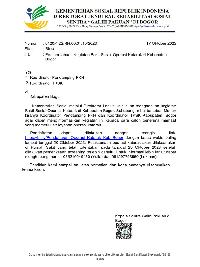 Surat Pemberitahuan Operasi Katarak | PDF
