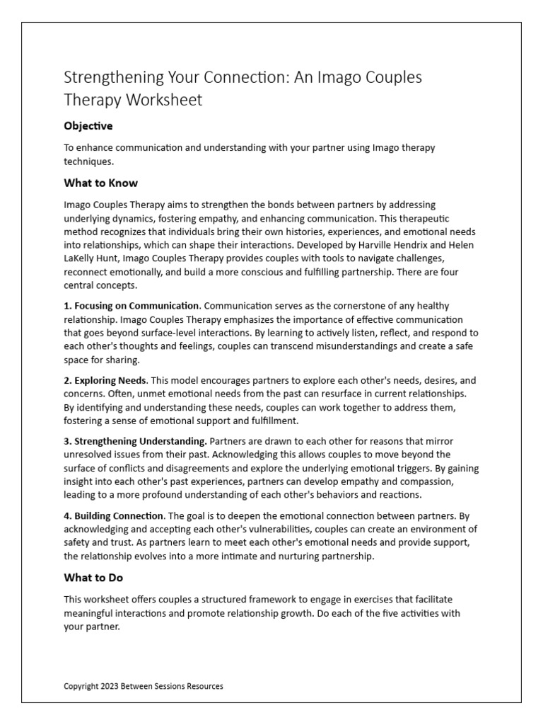 Strengthening Your Connection - An Imago Couples Therapy Worksheet ...