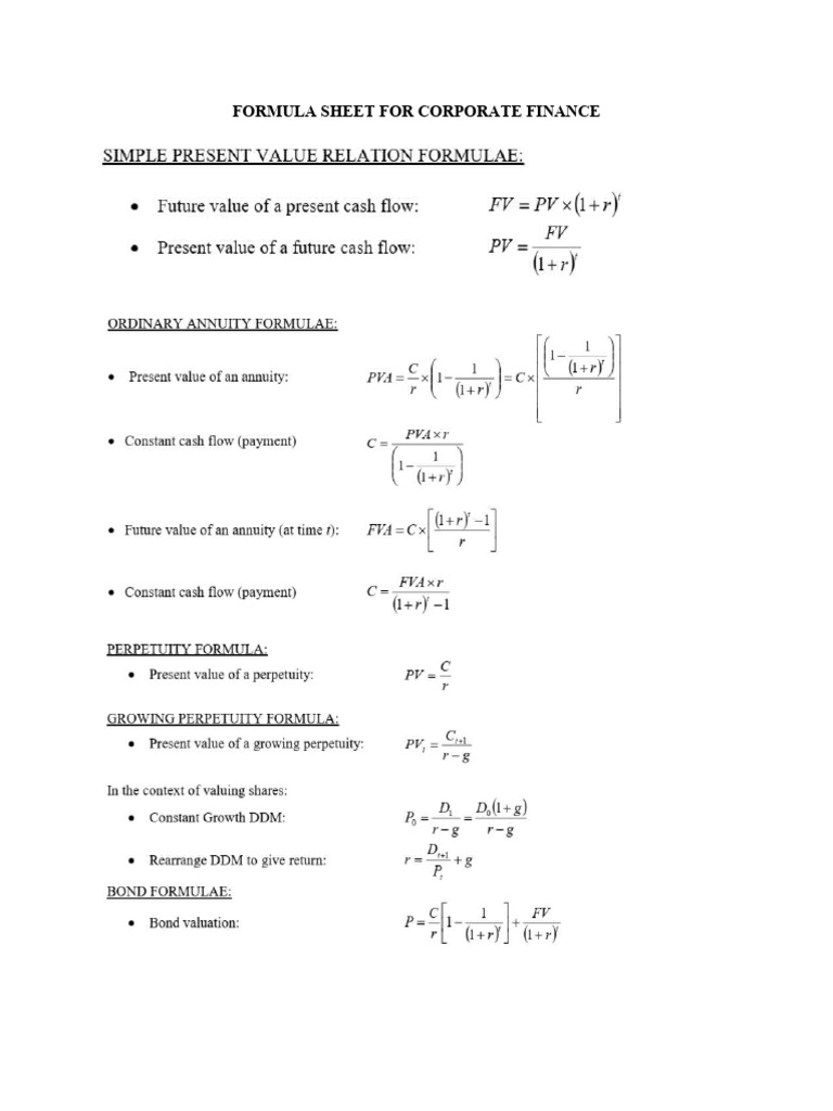 Formula Sheet For Corporate Finance | PDF