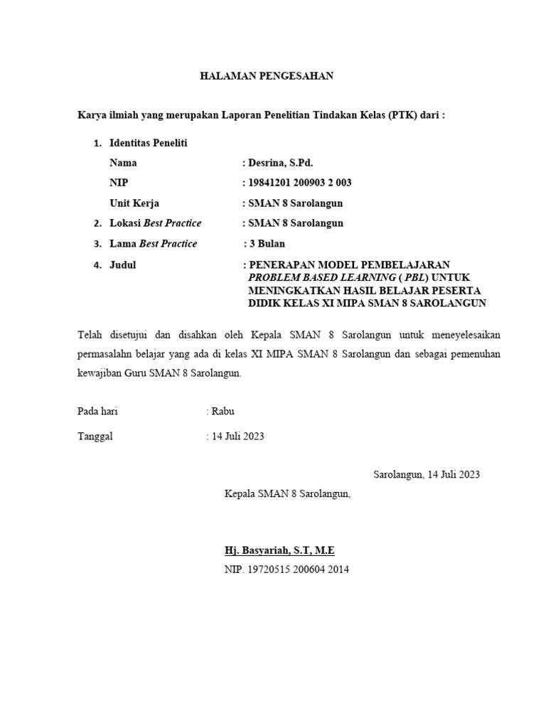 Halaman Pengesahan PTK | PDF