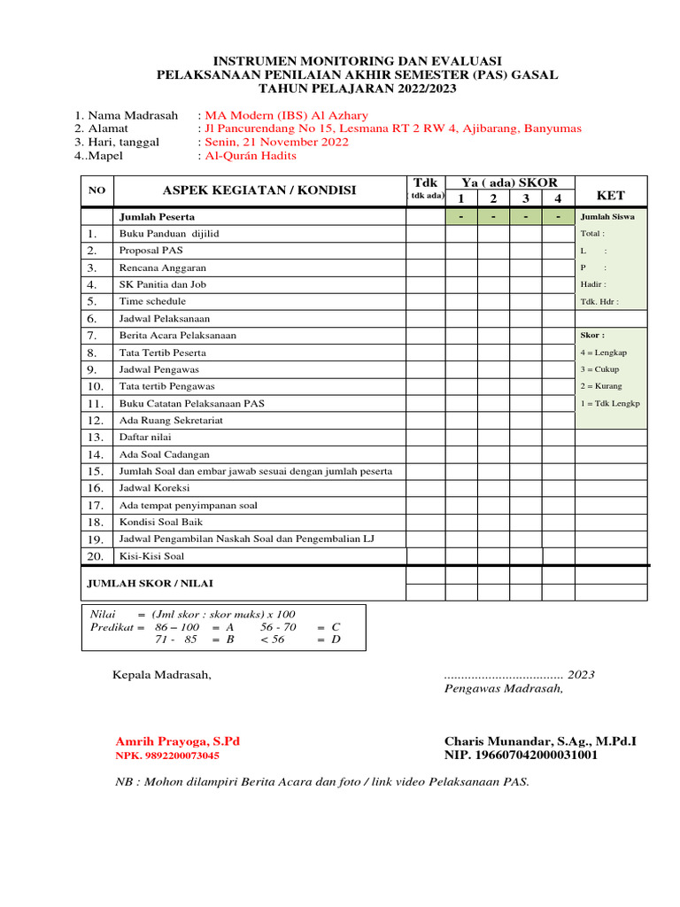 Instrumen Monev PAS Gasal | PDF