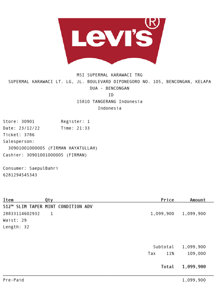 Levi's Receipt 2022-12-23 213341075 | PDF