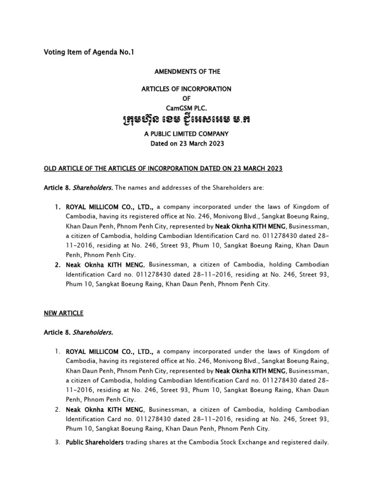 Amendments of The MoAA ENG | PDF | Dividend | Securities (Finance)