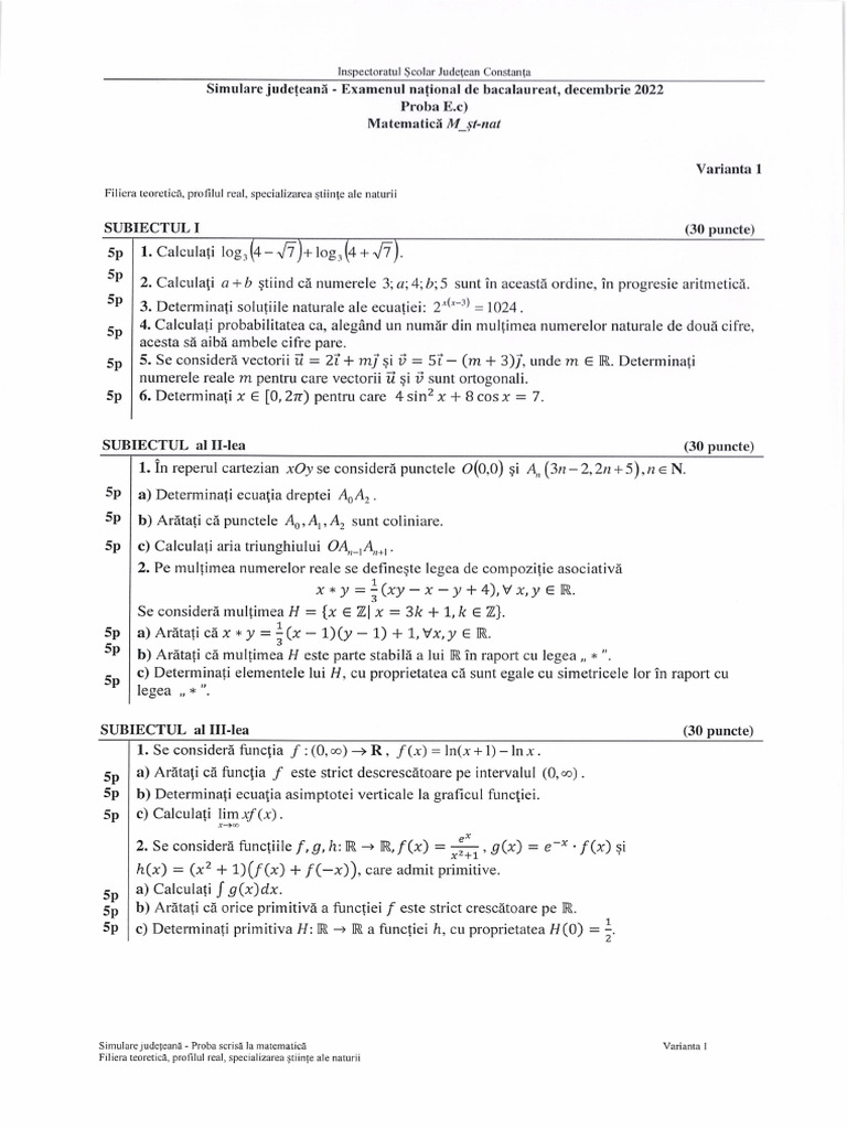 ISJ Constanta - Simulare Bacalaureat 2023 - Decembrie 2022 - Varianta 1 ...