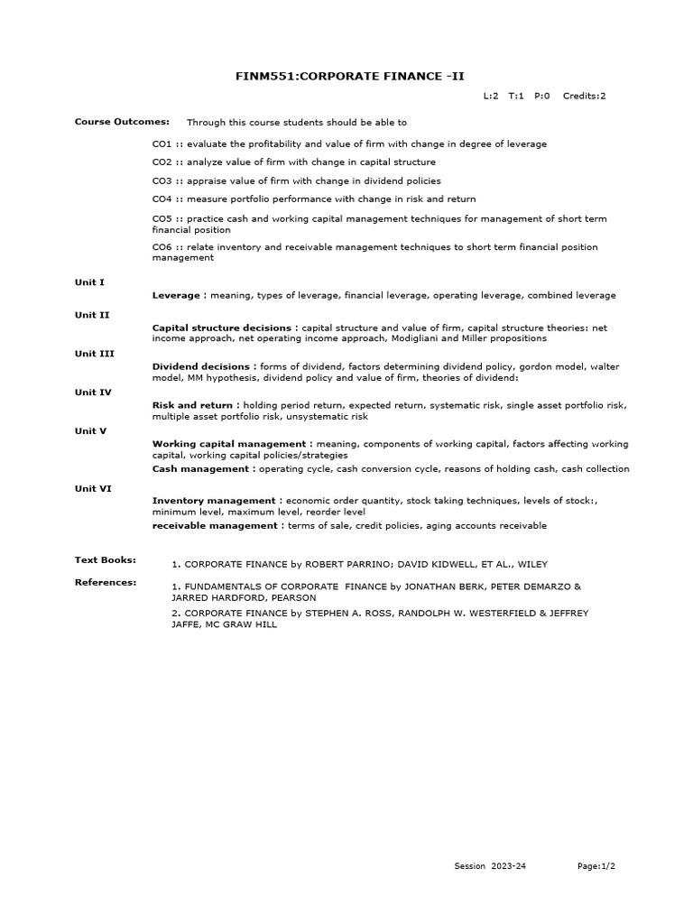 Finm551:Corporate Finance - Ii: Course Outcomes | PDF | Capital Structure | Leverage (Finance)