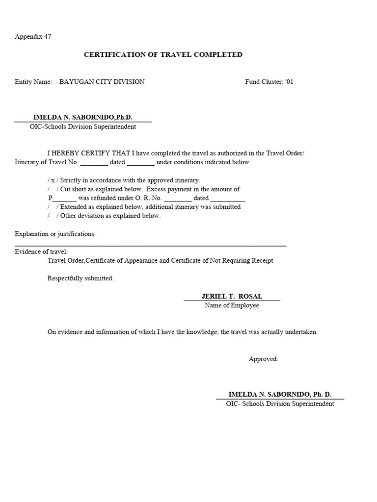 Travel Completion Certification Template | PDF