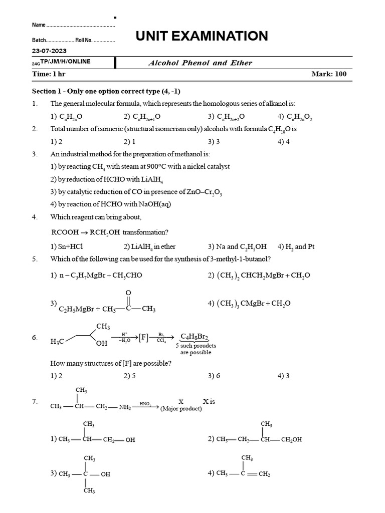 Alcohols, Phenols, and Ethers Exam Guide | PDF | Ether | Methyl Group