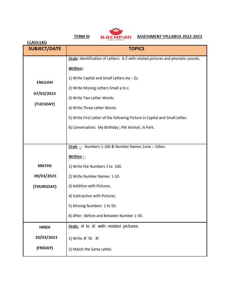 Term-Iii LKG Assessment Syllabus and Time Table. | PDF