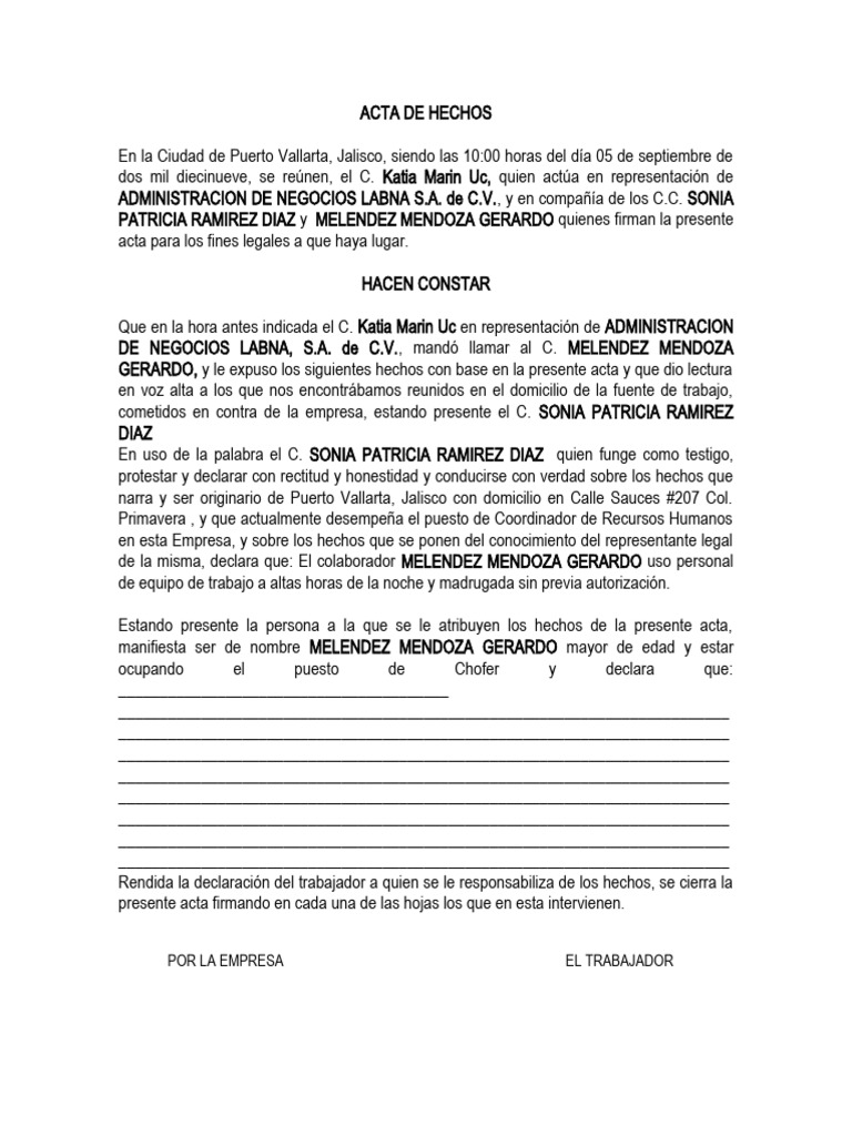 Acta de Hechos Formato | PDF