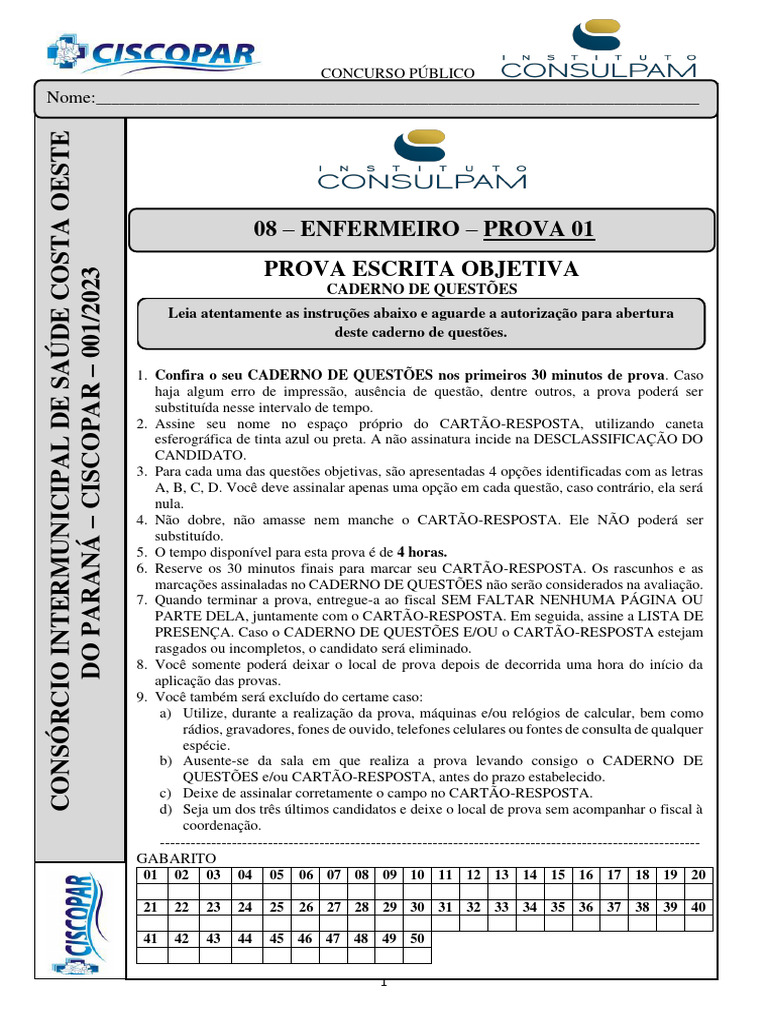 Consulpam 2023 Ciscopar Enfermeiro Prova | PDF | Enfermagem | Multilinguismo