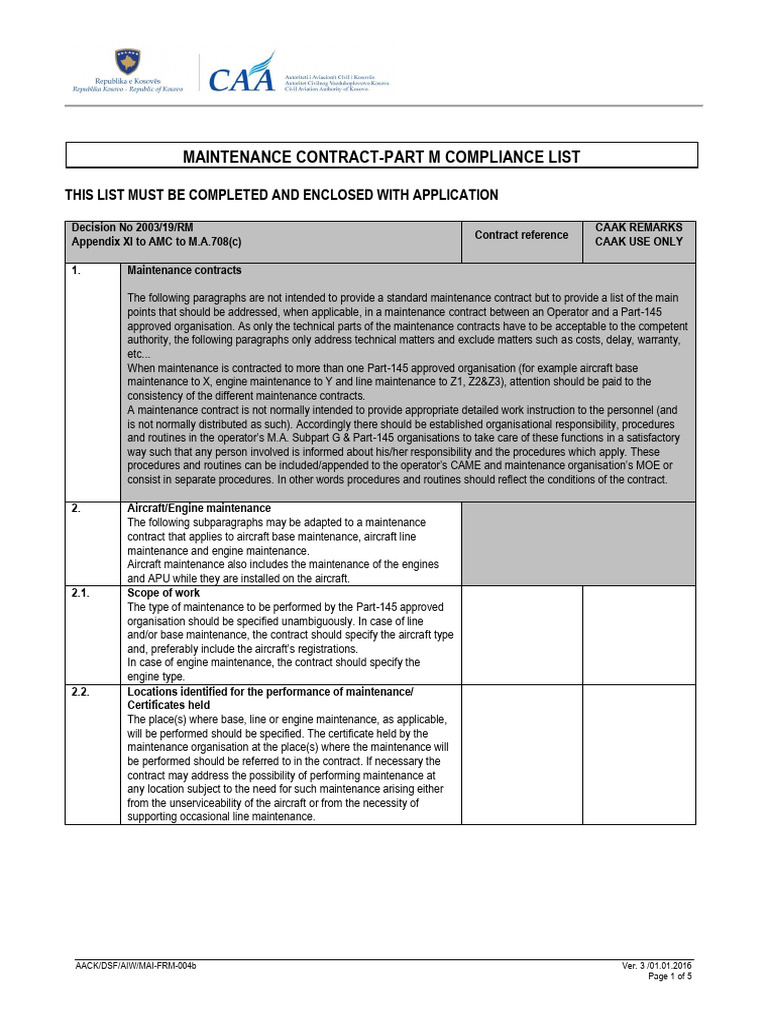 AIW MAI FRM 005b Maintenance Contract Part M Compliance List 1 | PDF ...