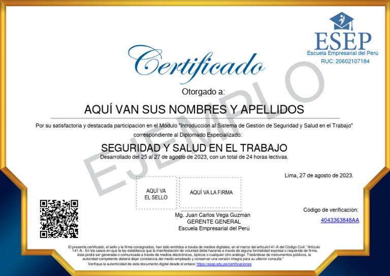 Modelo de Certificado de La Sesión 1 Del Diplomado Especializado en Seguridad y Salud en El ...