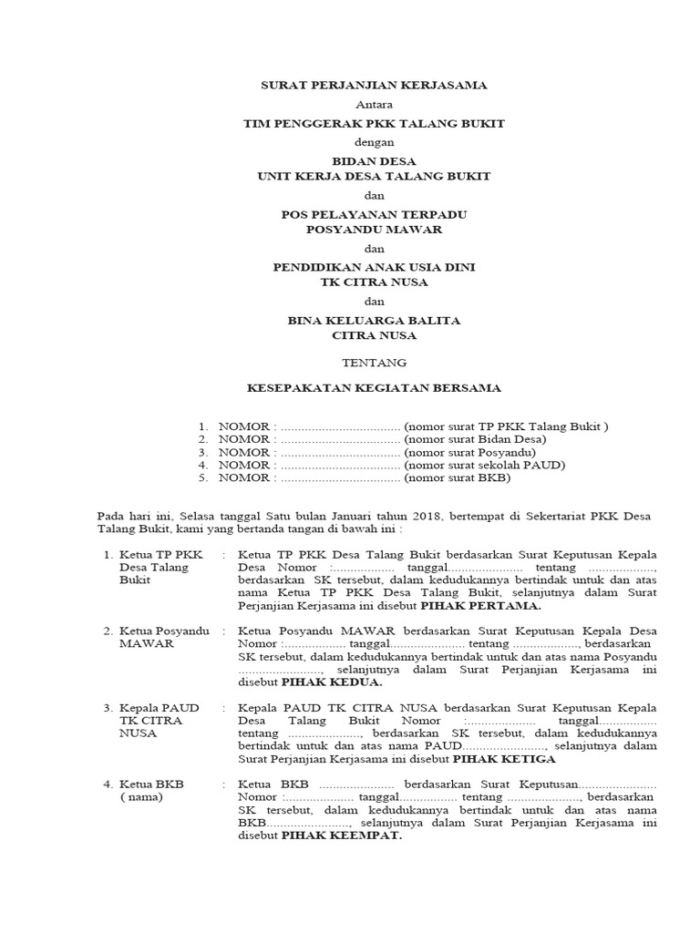 Surat Perjanjian Kerjasama Paud Terintegrasi Posyandu BKB | PDF