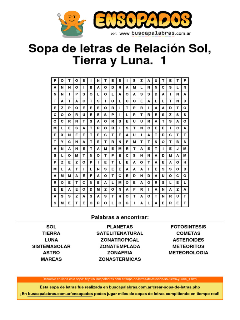 Sopa de Letras de Relacion Sol Tierra y Luna 1 | Descargar gratis PDF ...