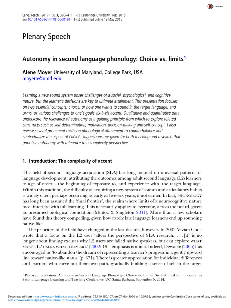 Moyer, A. - Autonomy - in - Second - Language - Phonology - Choice - Vs ...