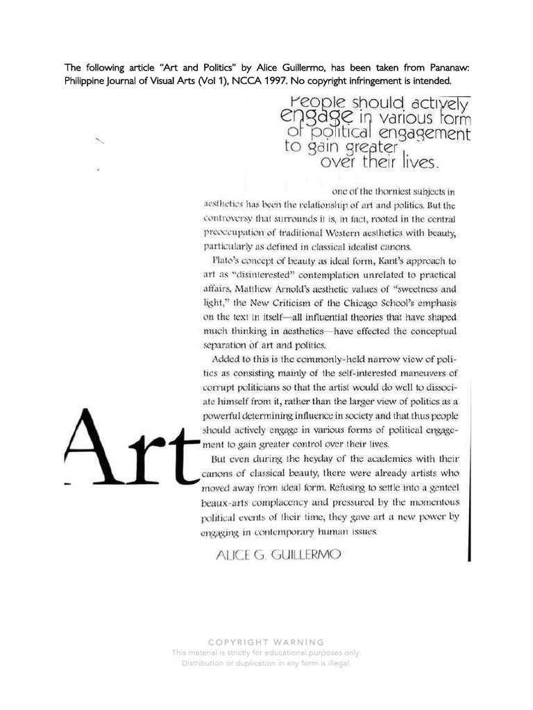 Art and Politics, Alice Guillermo | PDF | Social Science | Philosophy