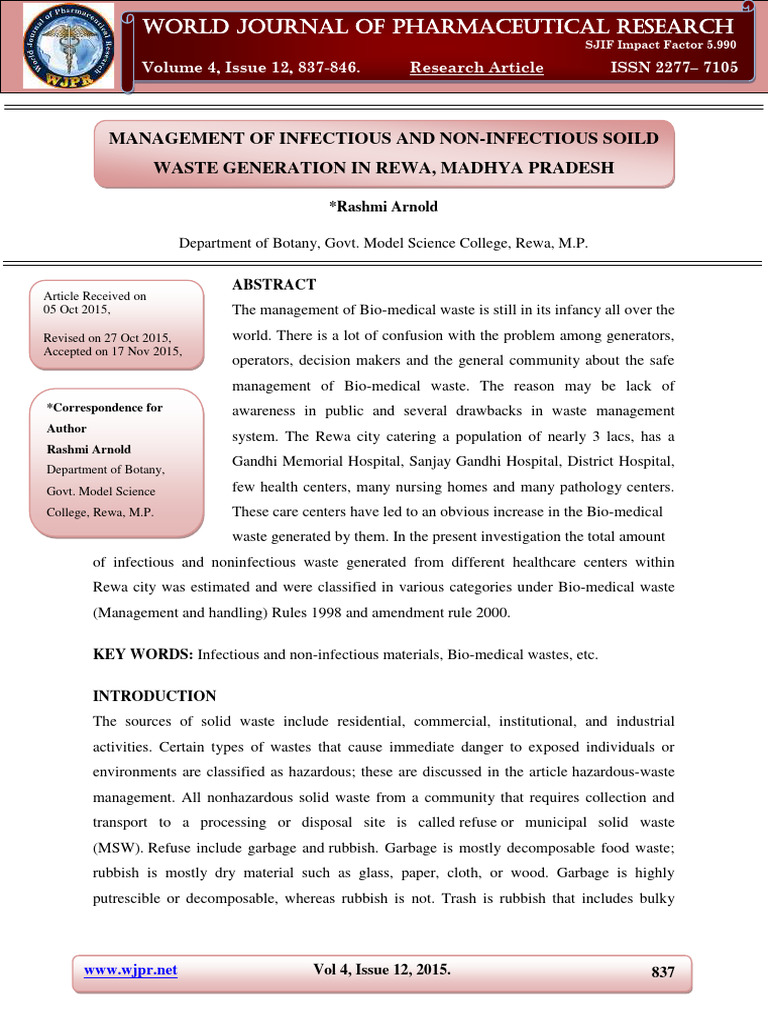 Management of Infectious and Non-Infectious Soild Waste Generation in ...