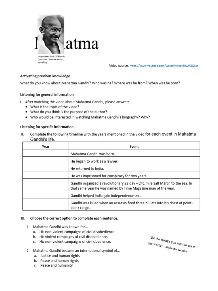 Mahatma Gandhi Listening Activity Information Gap Activities - 110548 ...
