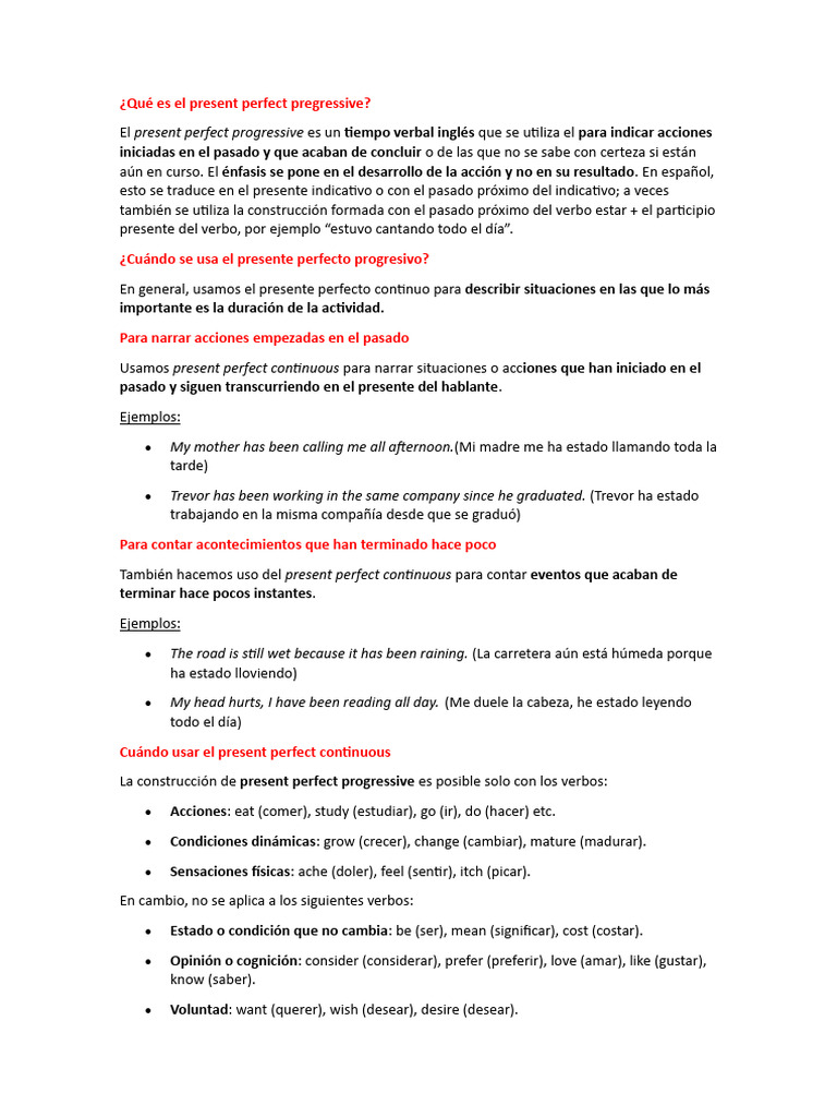 Uso del Present Perfect Progressive | PDF | Verbo | Asunto (gramática)