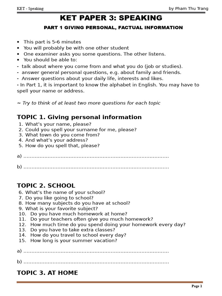 Ket Speaking Part 1 Questions - Compress | PDF | Lunch | Meal