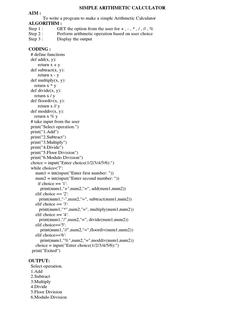 Simple Arithmetic Calculator Aim: Algorithm | PDF | Databases | Table (Database)