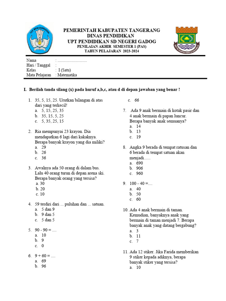 Pas Kelas 1 Matematika | PDF