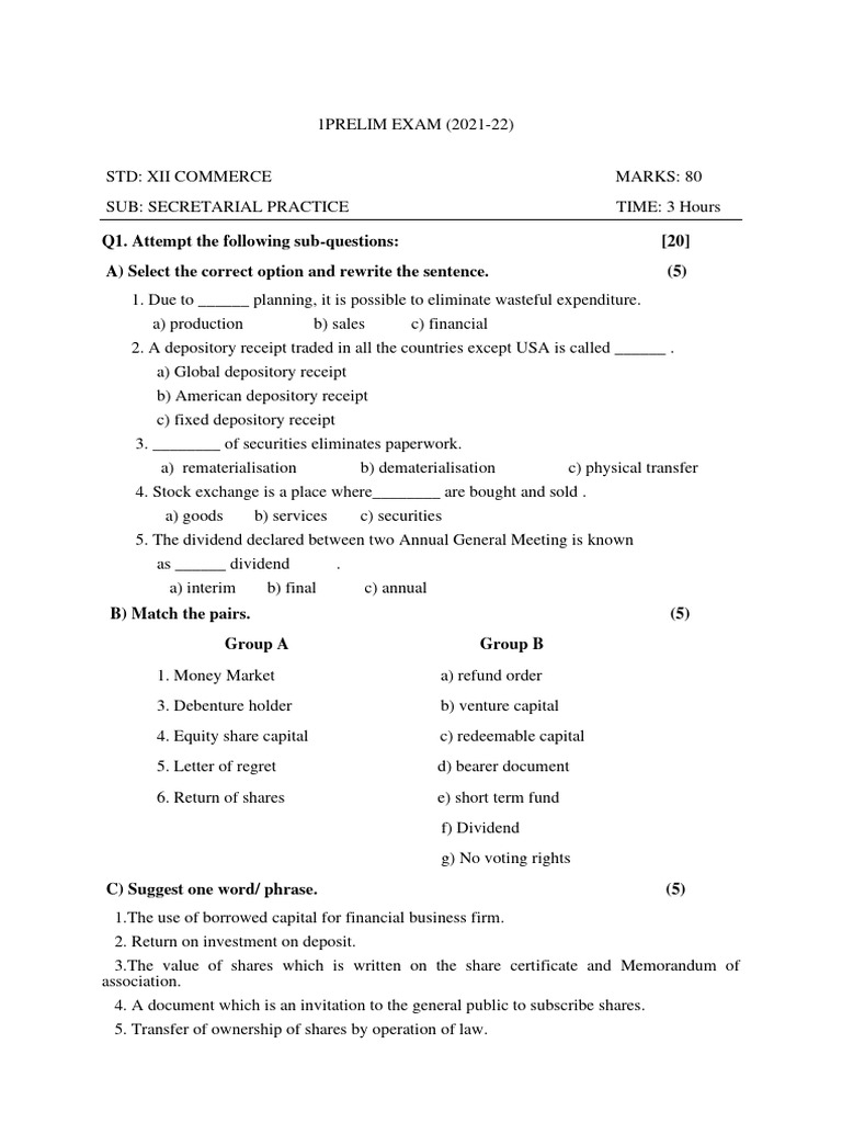 Q1. Attempt The Following Sub-Questions: (20) A) Select The Correct Option and Rewrite The ...