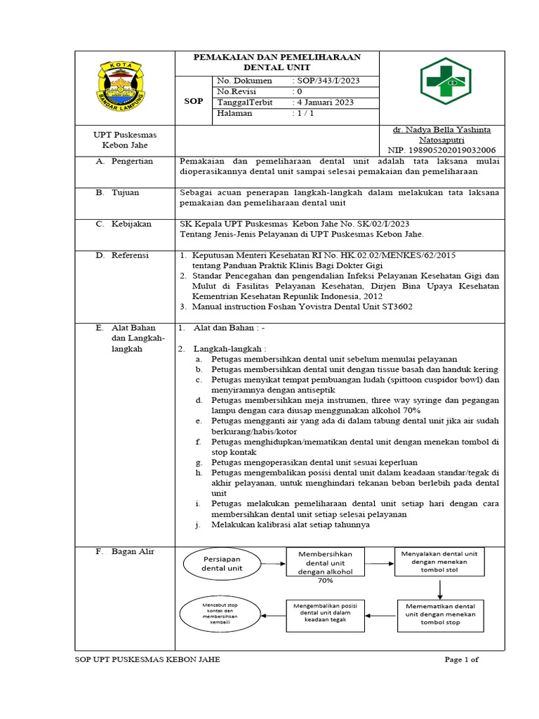 SOP Pemeliharaan Dental Unit Puskesmas | PDF