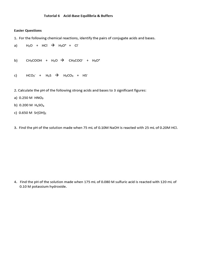 Tutorial 6 (Acid-Base Equilibria and Buffers) | PDF | Acid | Buffer ...