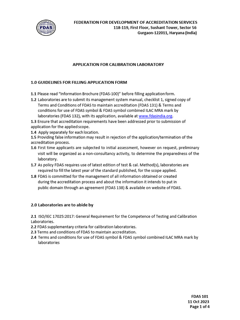 FDAS 102 Application For Calibration Laboratory | PDF | Calibration | Food And Drug Administration
