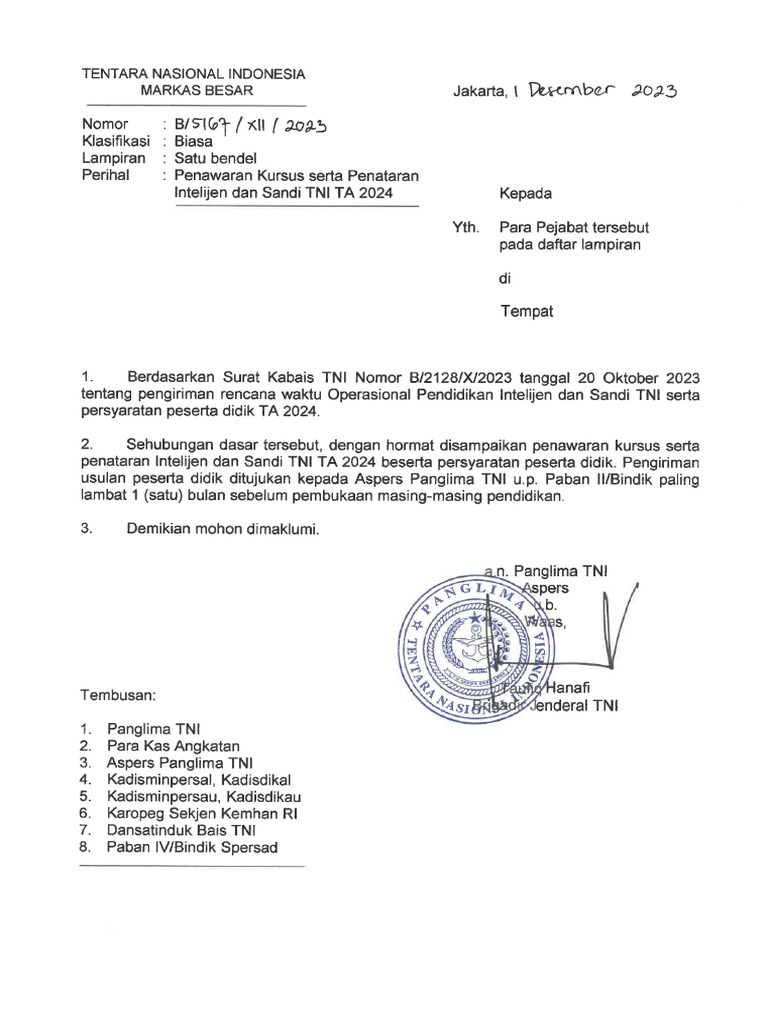 B 5167 Tawaran Sus Intel Tni 2024 | PDF