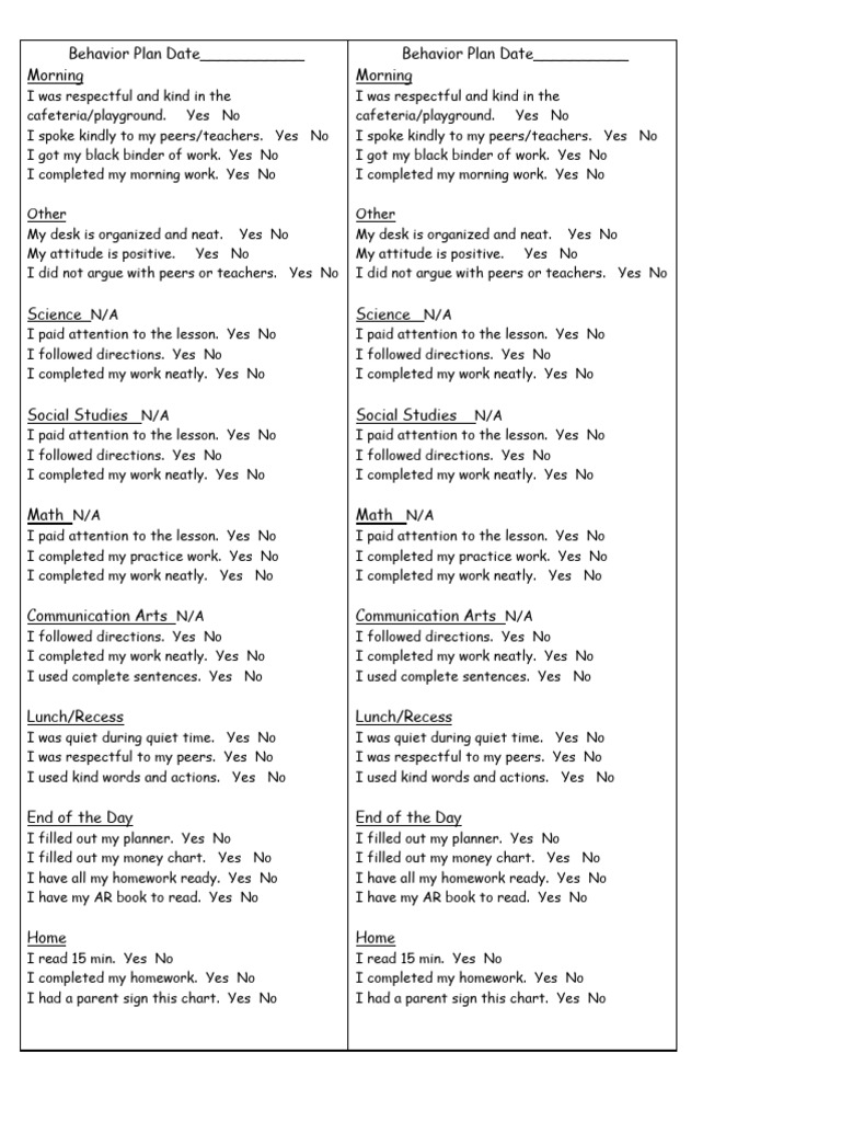 Behavior Plan y N | PDF | Behavior Modification | Cognition