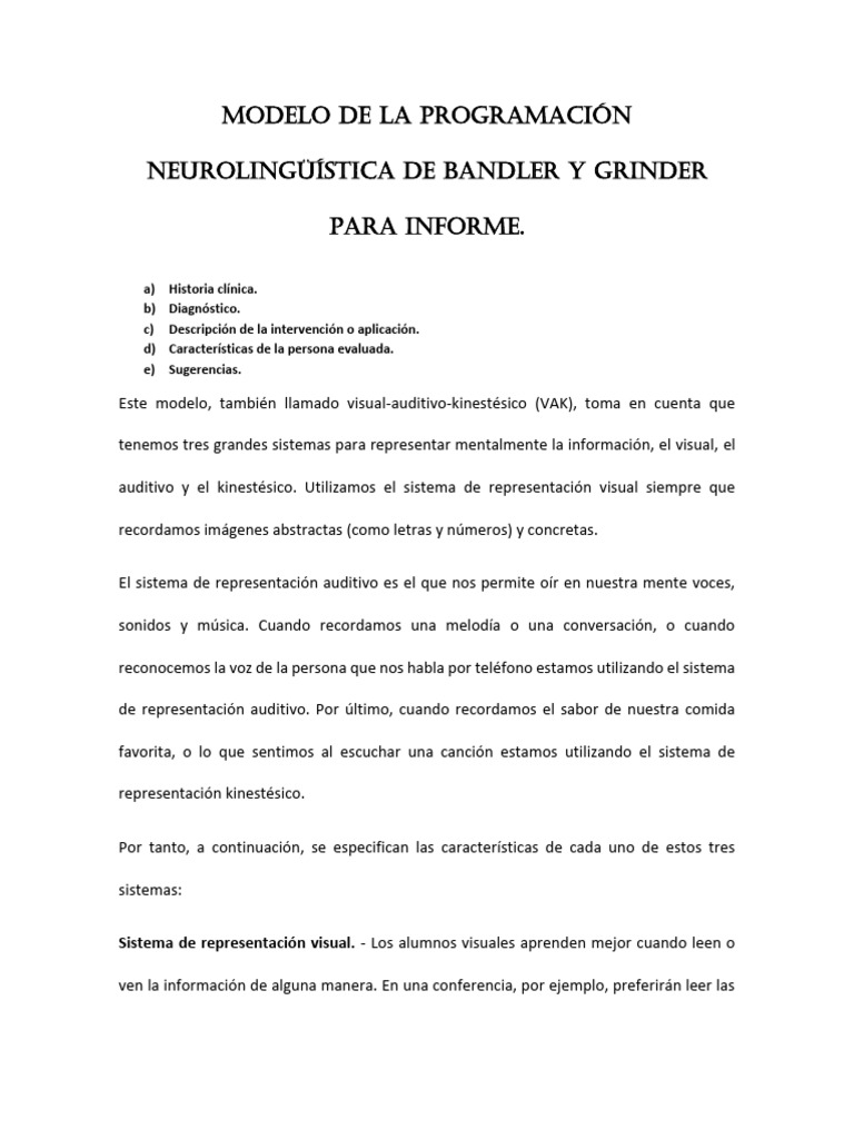 Modelo de La Programación Neurolingüística de Bandler y Grinder para Informe | Descargar gratis ...