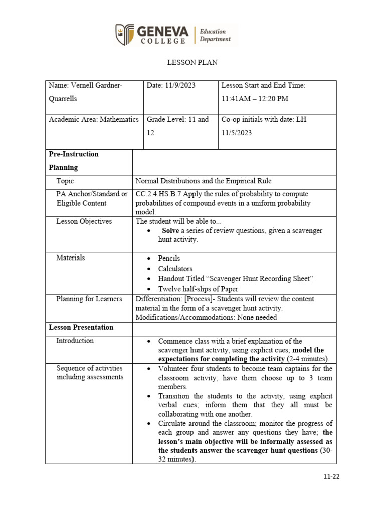 Geneva Lesson Plan November 9th Beaver Falls High Period 5b Honors ...